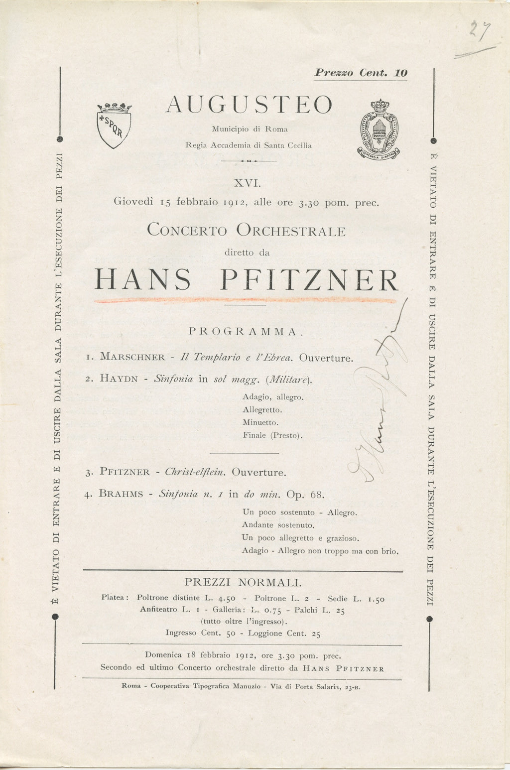 Pfitzner, Hans. (1869–1949) Signed Program – Schubertiade Music and Arts
