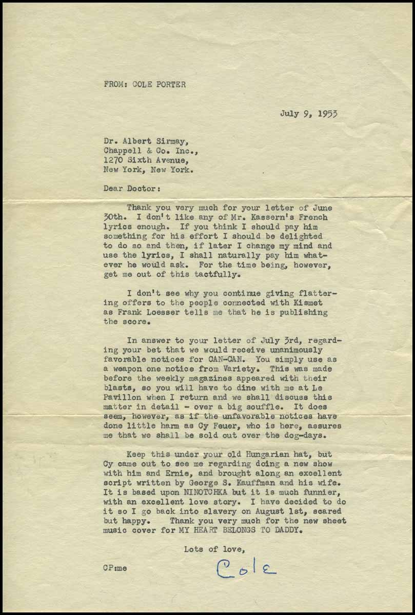 Porter, Cole. (1891–1964) Letter Regarding the reception of Can-Can an ...
