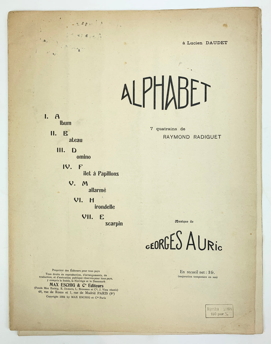 [Ravel, Maurice. (1875-1937)] Auric, Georges. (1899-1983) "Alphabet ...