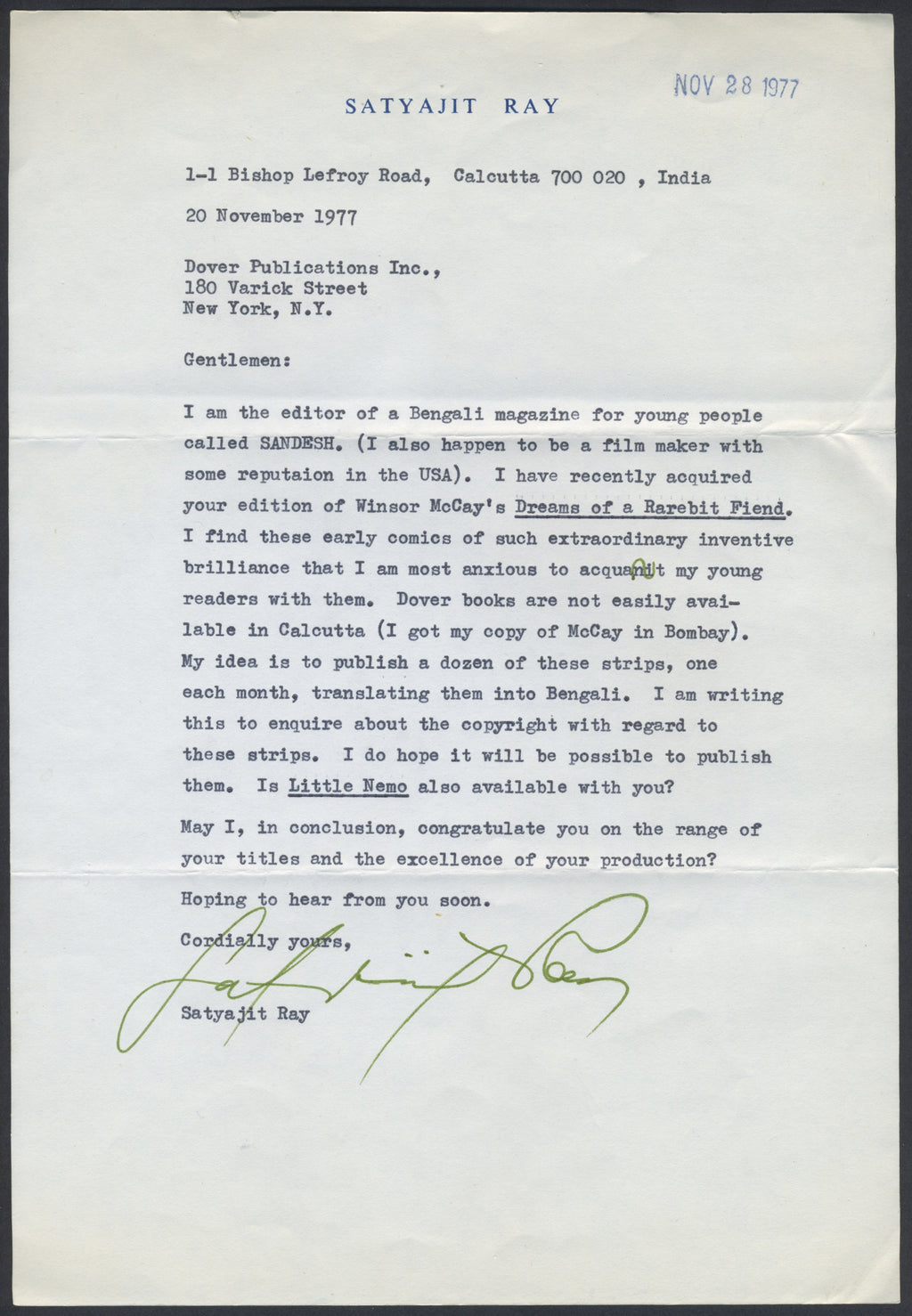Ray, Satyajit. (1921–1992) Typed Letter Signed – Schubertiade Music and ...