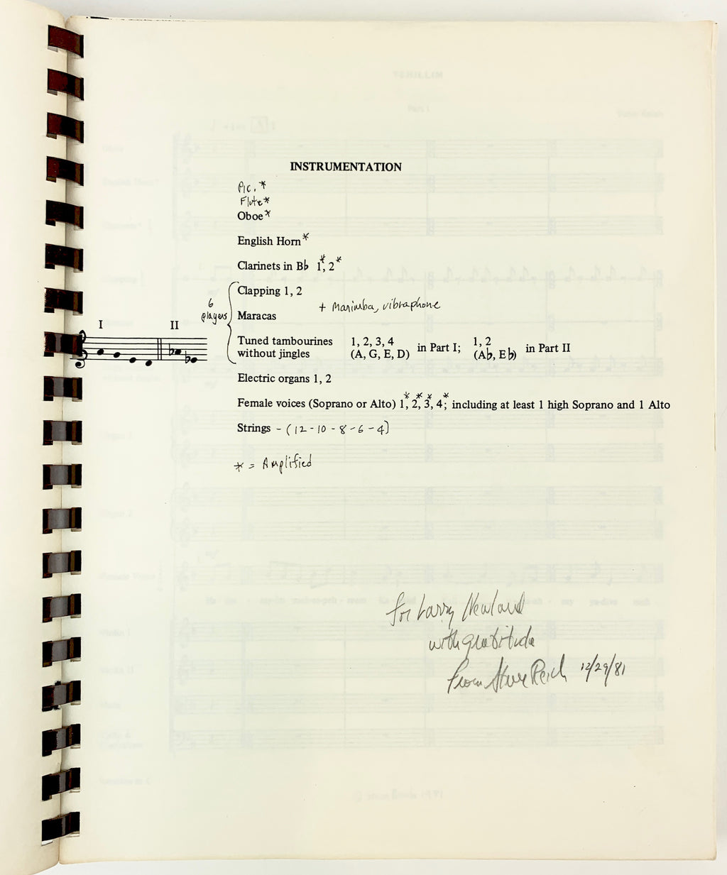 Reich, Steve. (b. 1936) "Tehillim" - Pre-Publication Annotated Score S ...