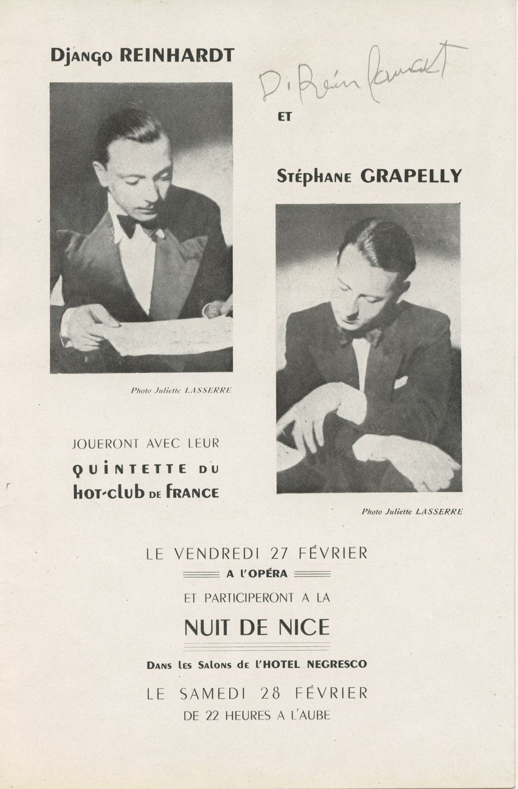 Reinhardt, Django. (1910 - 1953) Signed "Festival International du Jaz ...