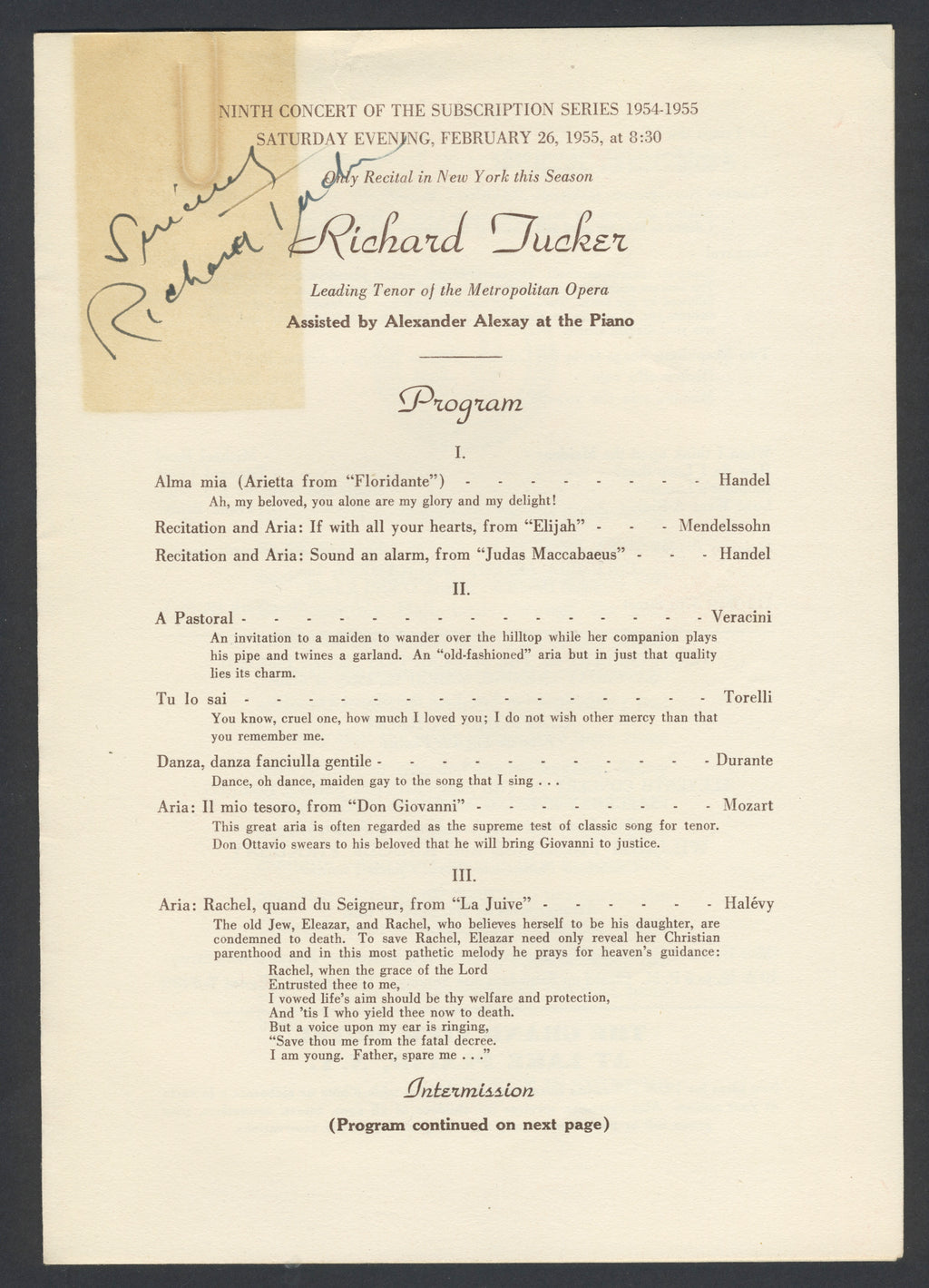 Tucker, Richard. (1913–1975) Signed Program – Schubertiade Music and Arts