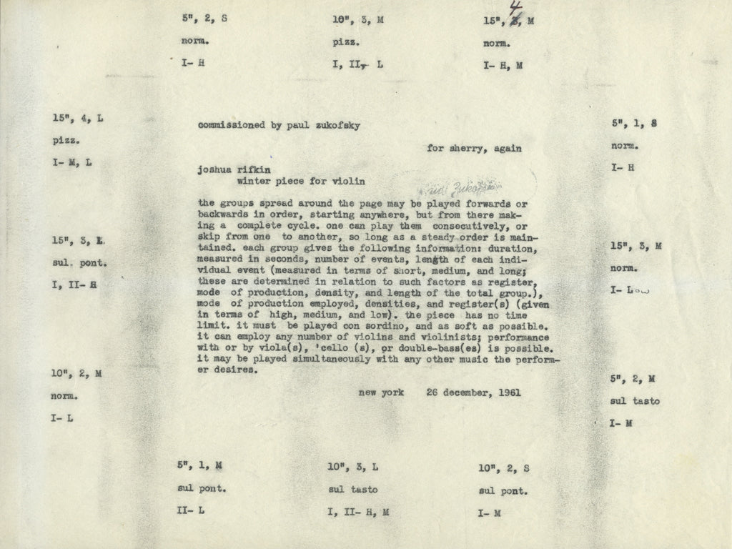 [Zukofsky, Paul. (1943–2017)] Rifkin, Joshua. (b. 1944) Winter Piece f ...