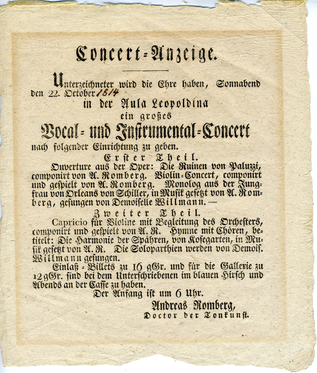 Romberg, Andreas Jakob. (1767-1821) Original 1814 Concert Program ...