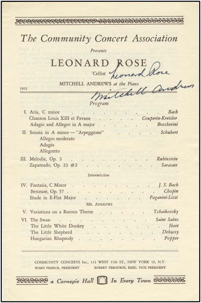 Rose, Leonard. (1918-1984) Signed Recital Program – Schubertiade Music ...
