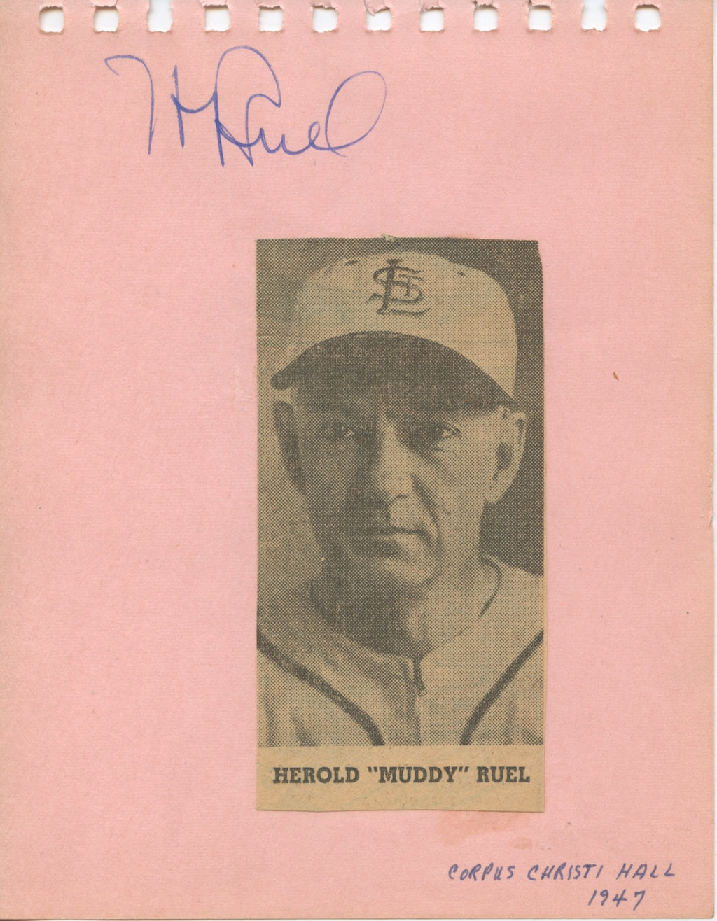 Ruel, Herold "Muddy". (1896–1963) Signed leaf from note pad with mount ...