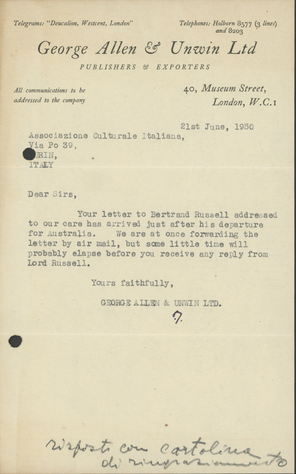 [Russell, Bertrand. (1872–1970)] Typed Letter from His Publisher Regar ...