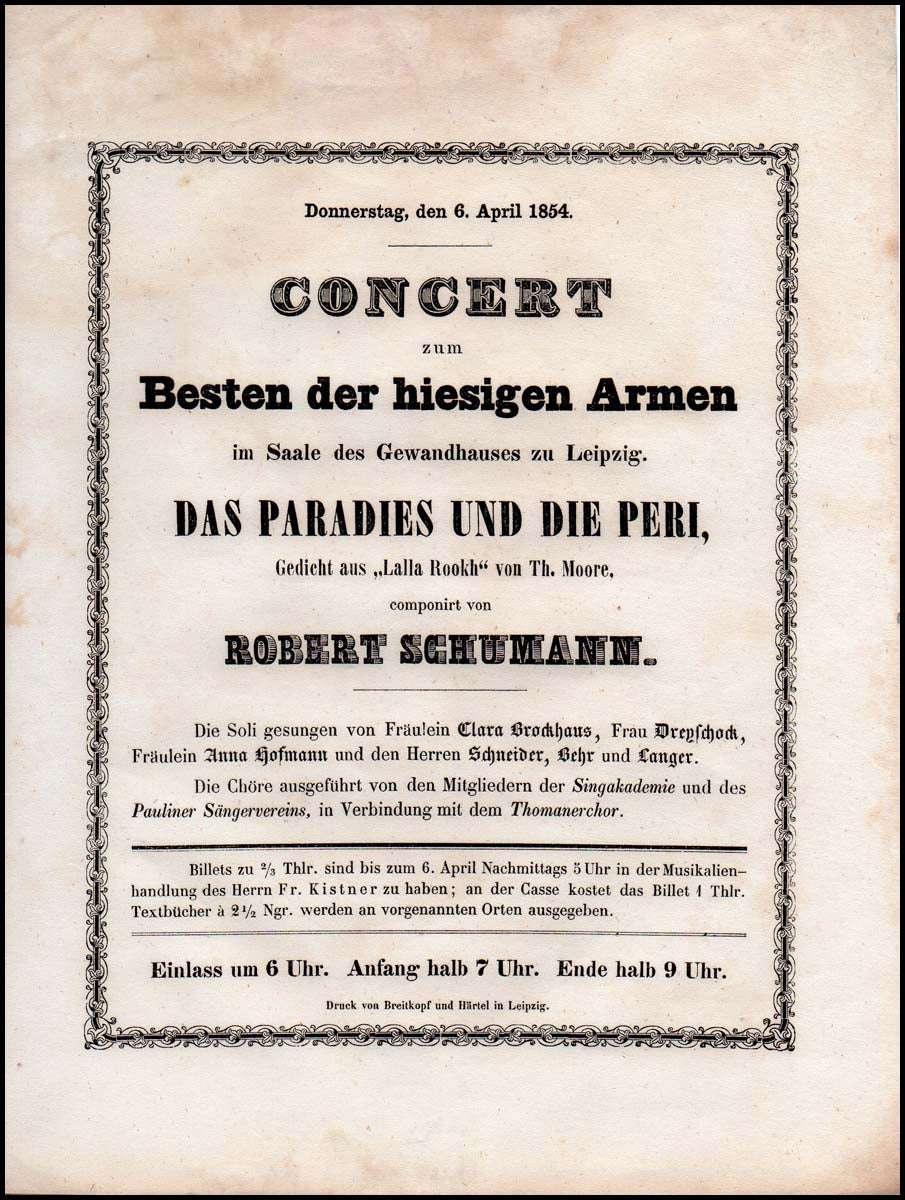 Schumann, Robert. (1810–1856) Original 1854 "Das Paradies" Concert Pro ...