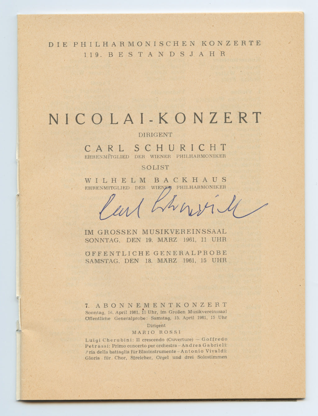 Schuricht, Carl. (1880–1967) Signed Program – Schubertiade Music and Arts