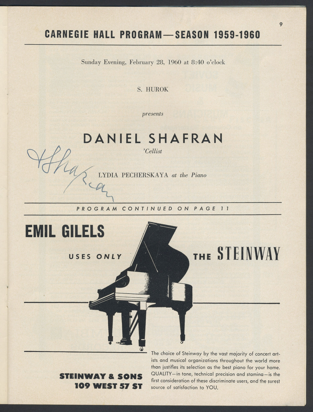 Shafran, Daniil. (1923–1997) Signed Carnegie Hall Debut Program ...