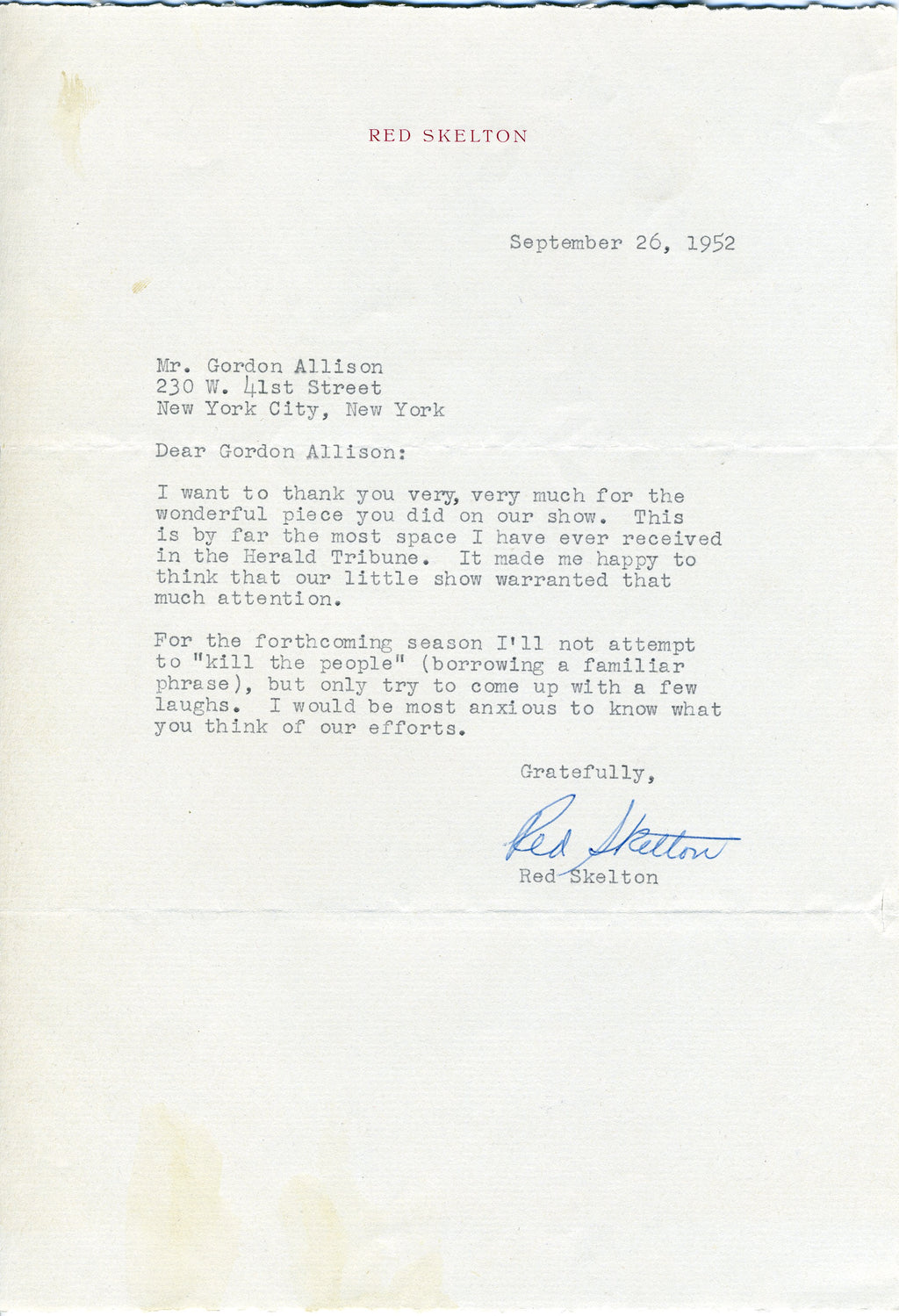 Skelton, Red. (1913 - 1997) Signed Letter to Gordon Allison ...