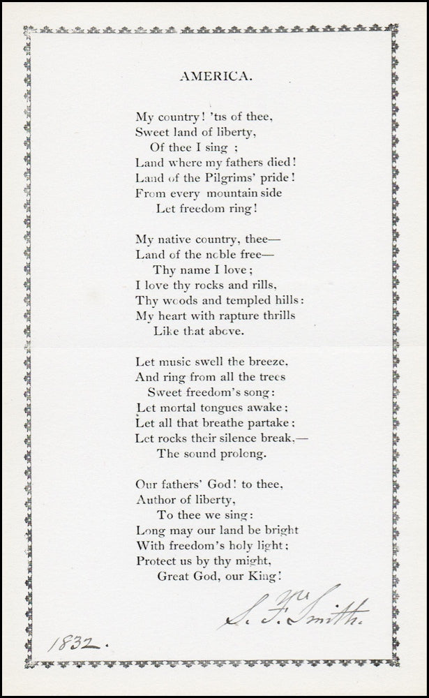 Smith, Samuel Francis. (1808-1895) "My Country Tis of Thee," SIGNED ...