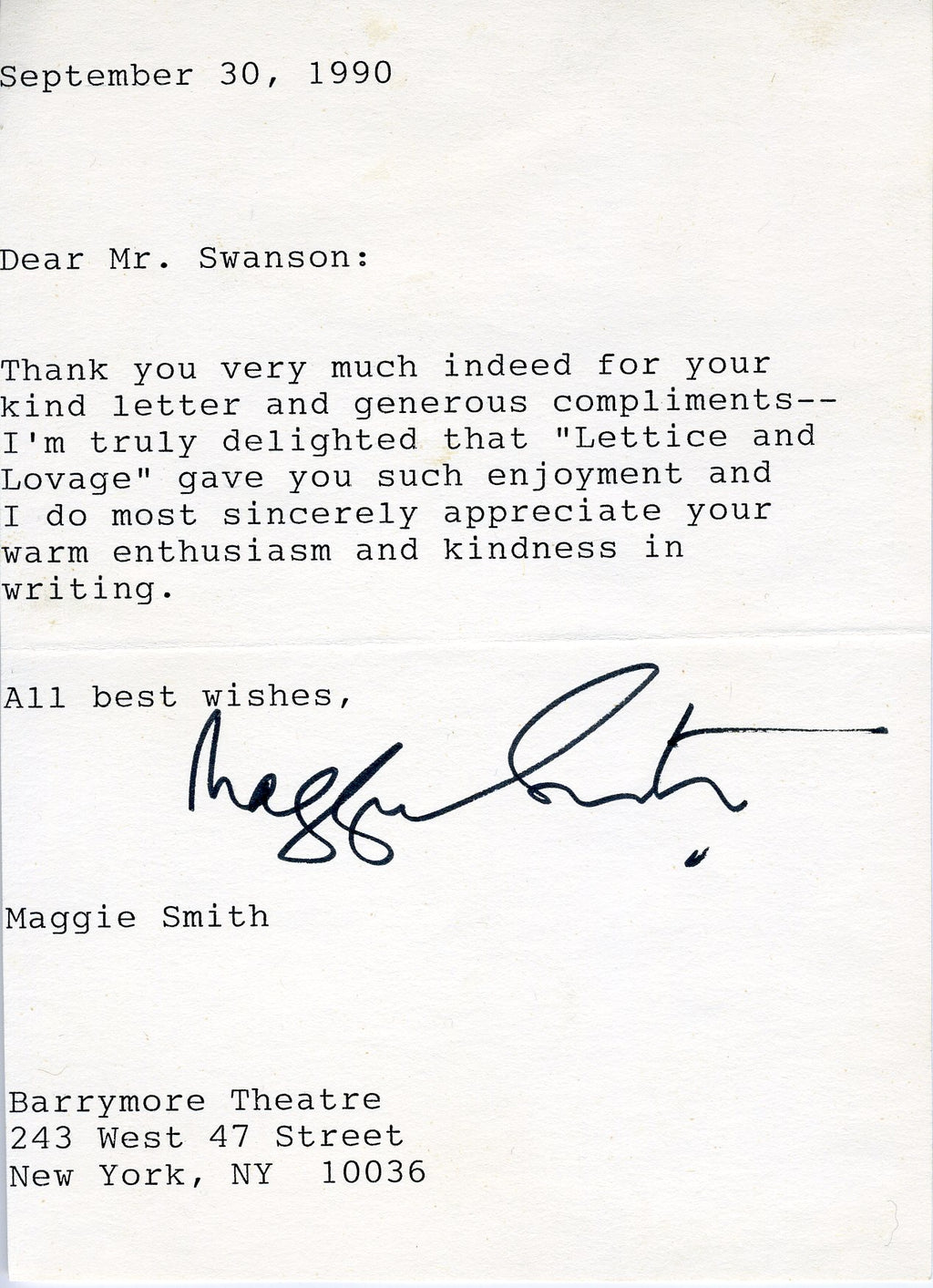 Smith, Maggie. (b. 1934) Typed Note Signed about "Lettice and Lovage ...