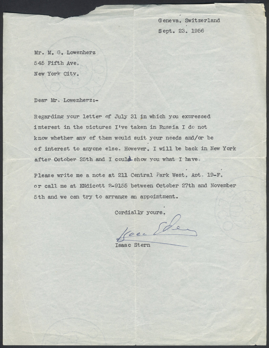 Stern, Isaac. (1920–2001) Typed Letter Signed after an early trip to t ...