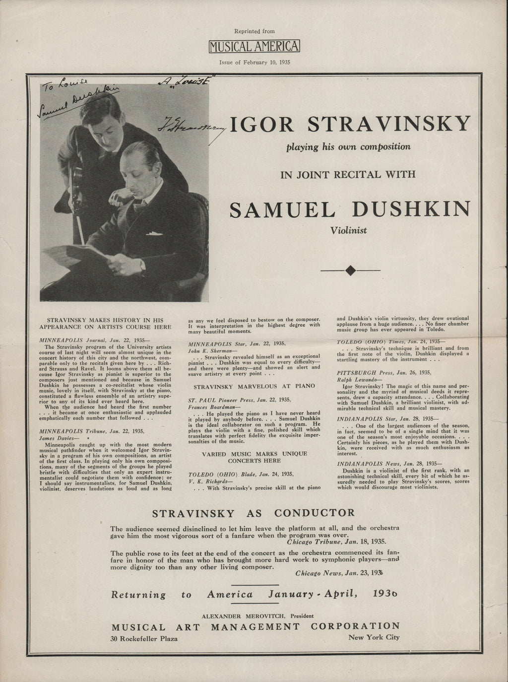 Stravinsky, Igor. (1882–1971) & Dushkin, Samuel. (1891–1976) Signed 19 ...