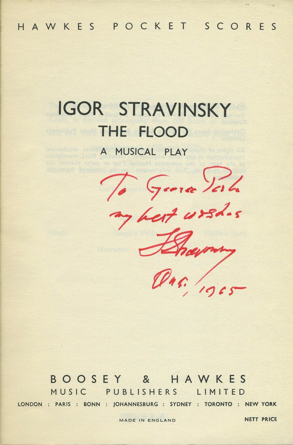 Stravinsky, Igor. (1882–1971) "The Flood: A Musical Play" - Signed and ...