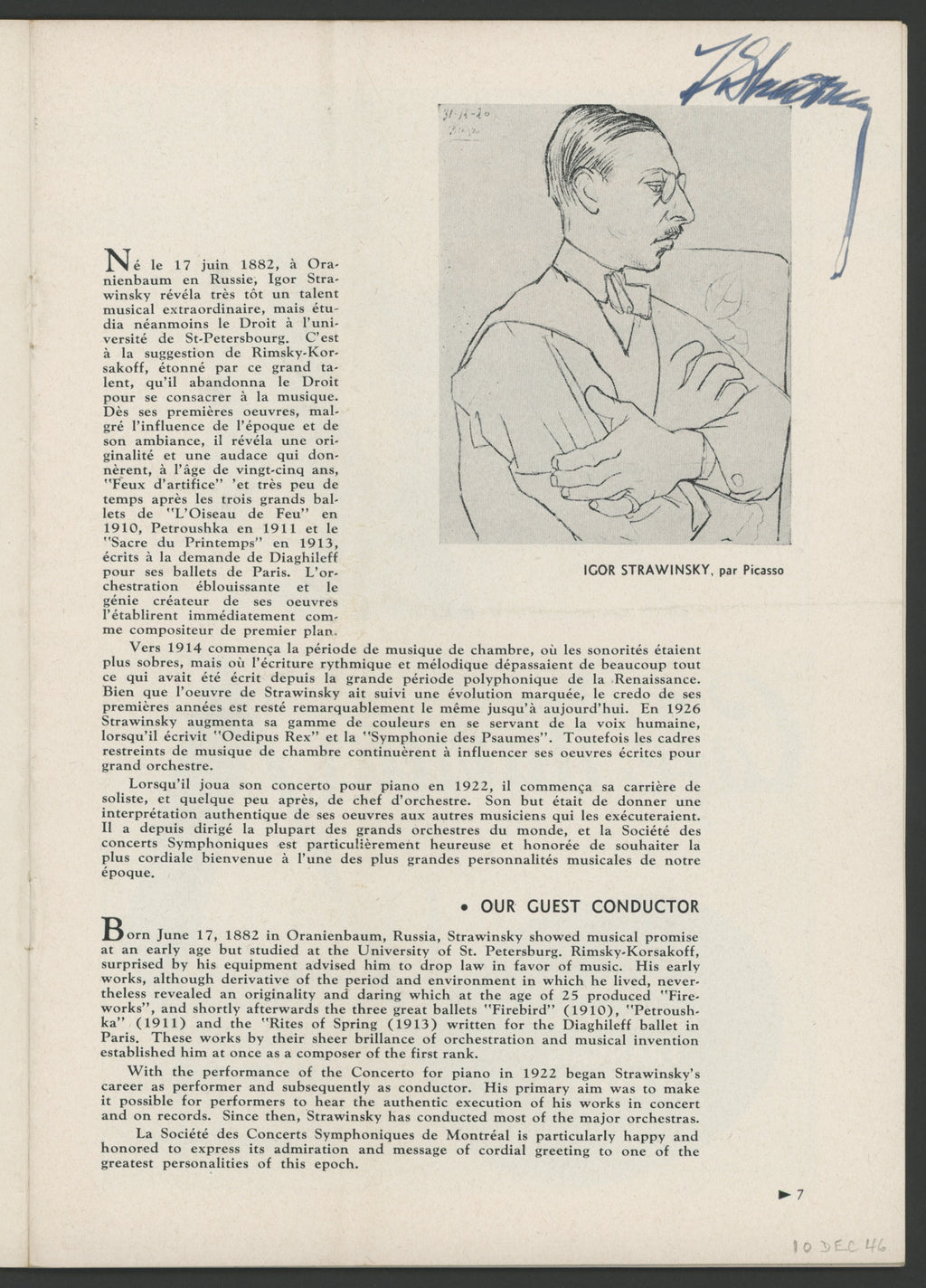 [Picasso, Pablo. (1881–1973)] Stravinsky, Igor. (1882–1971) "Portrait ...