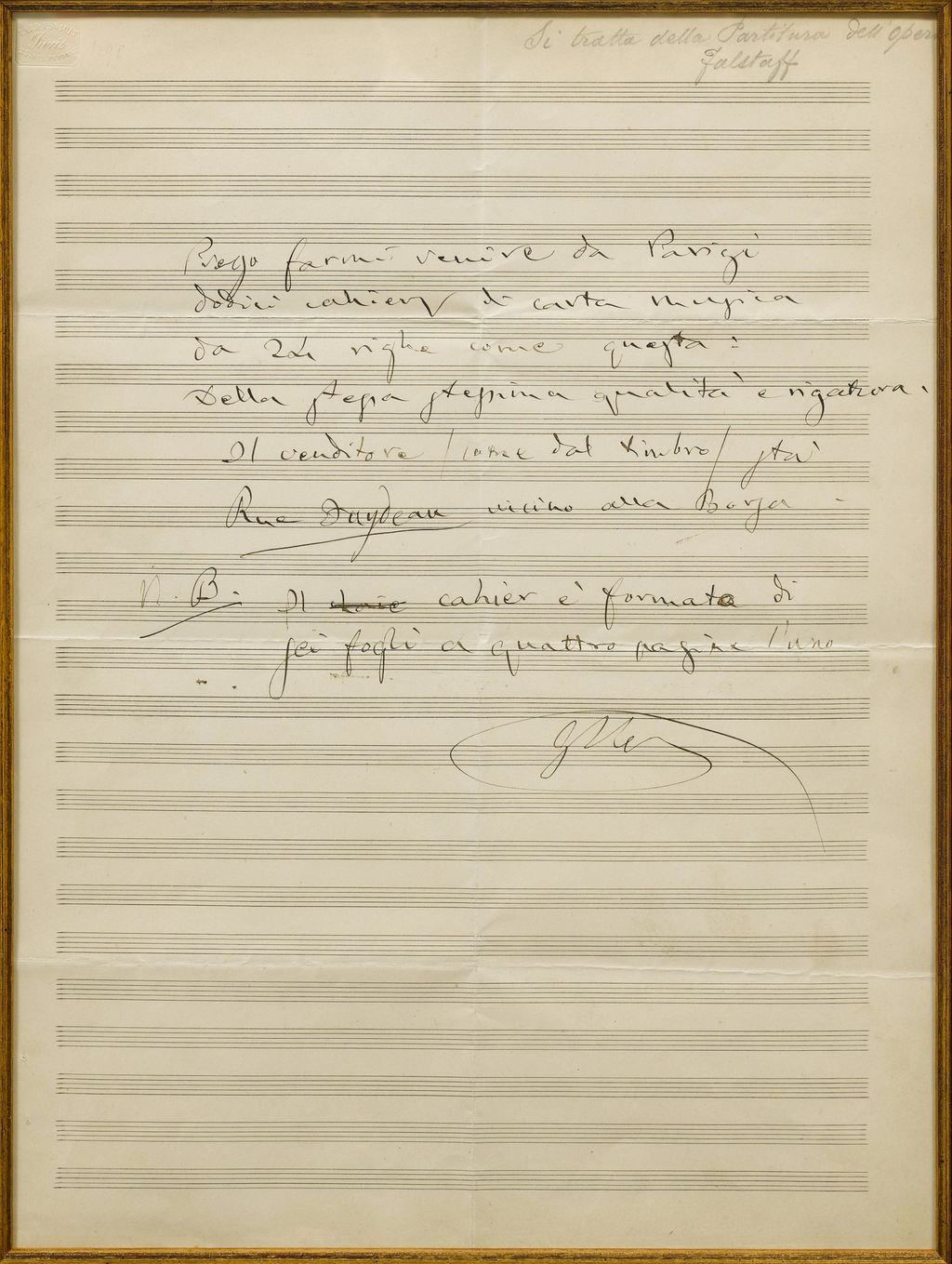 Verdi, Giuseppe. (1813–1901) Autograph Letter on Music Paper...Orderin ...