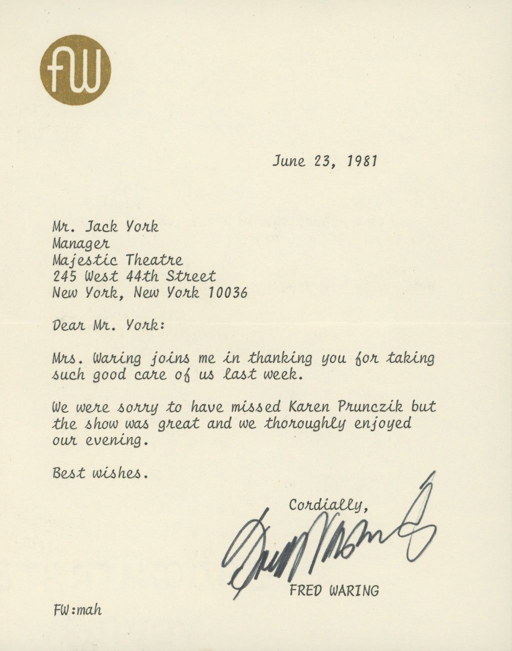 Waring, Fred. (1900–1984) Typed Letter Signed – Schubertiade Music and Arts
