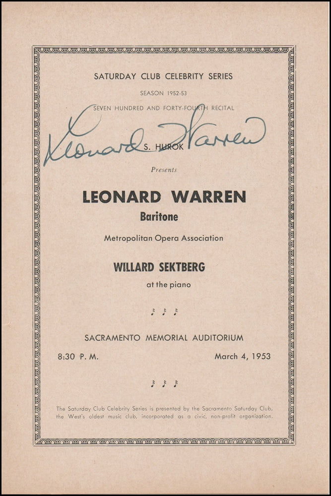 Warren, Leonard. (1911-1960) Signed Recital Program – Schubertiade ...