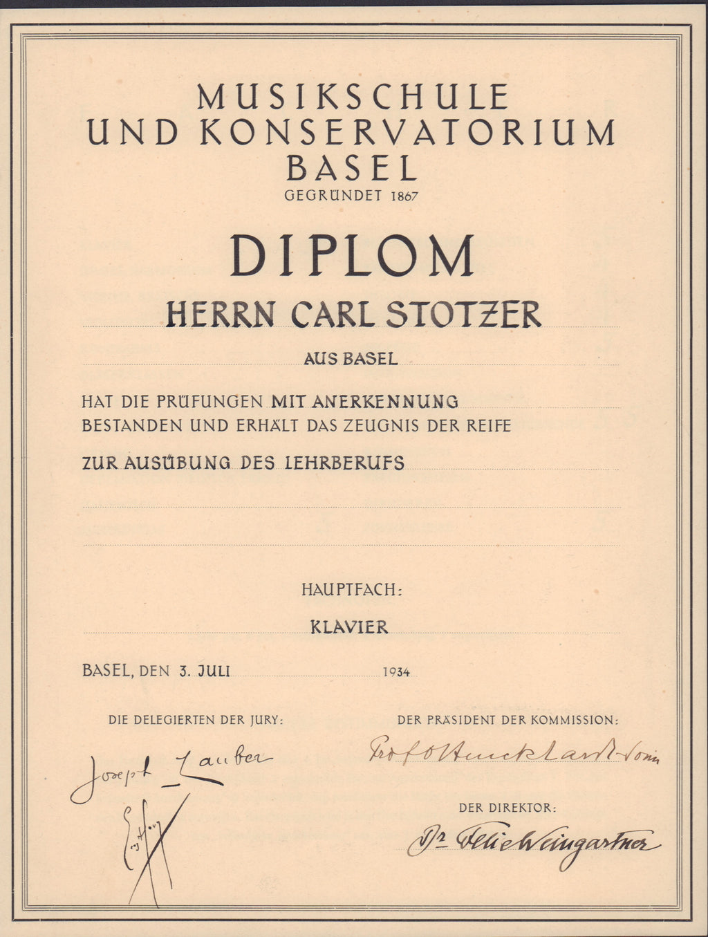 Weingartner, Felix. (1863–1942) Signed 1934 Diploma of the Basel Musik ...